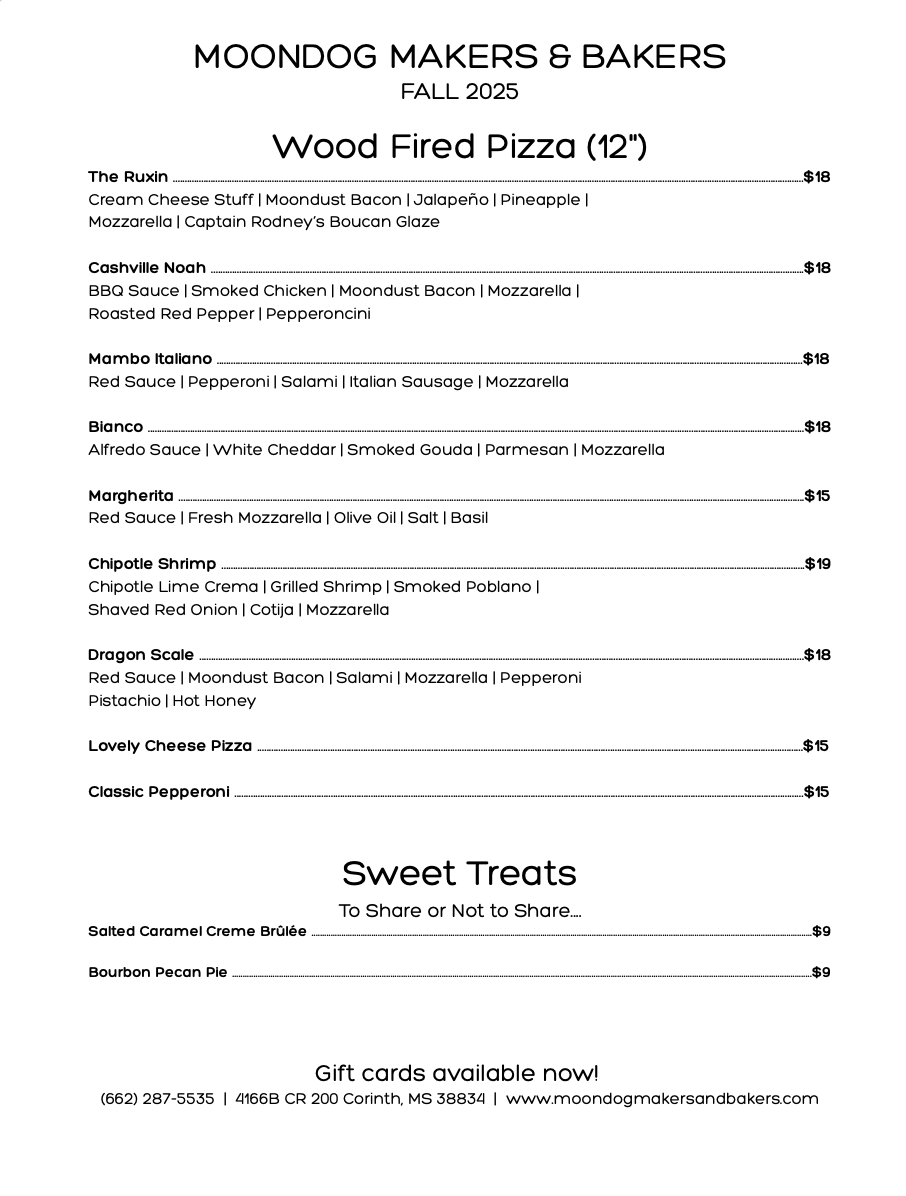 Menu - MoonDog Makers & Bakers